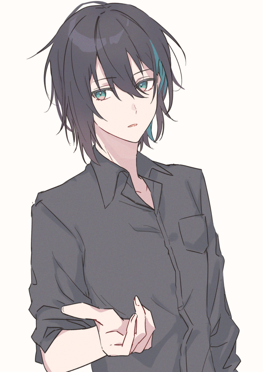 Safebooru - 1boy black hair black shirt blue eyes blue hair collarbone collared shirt hair ...