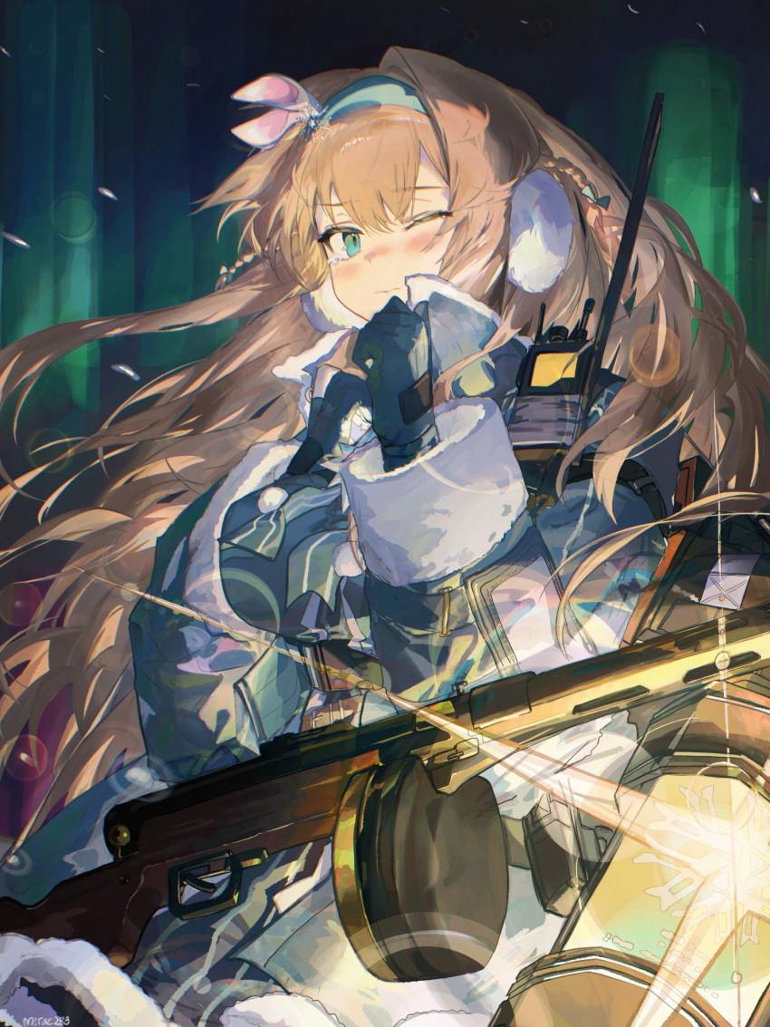 Safebooru - 1girl artist name aurora blonde hair blue eyes blue gloves blue hairband blue jacket ...