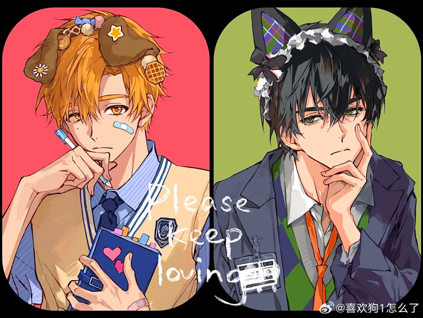 Safebooru - 2boys 2girls akeuraji tsukasa animal ears bandaid black hair blonde hair cat ears ...