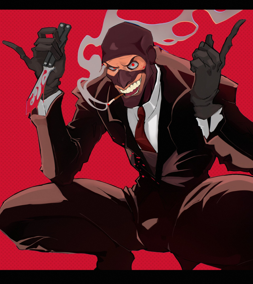 Safebooru - 1boy balaclava balisong black gloves blood blood on clothes ...