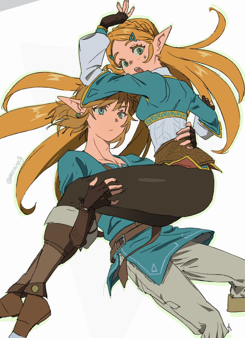 Safebooru - 1boy 1girl belt black pants blonde hair blue eyes blue tunic boots braid brown boots ...