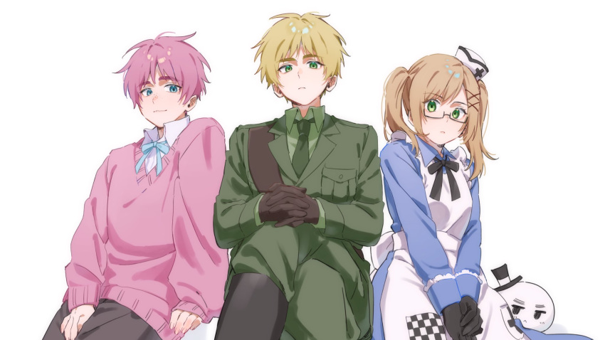 Safebooru - 1girl 2boys apron axis powers hetalia black gloves blonde hair blue dress blue eyes ...