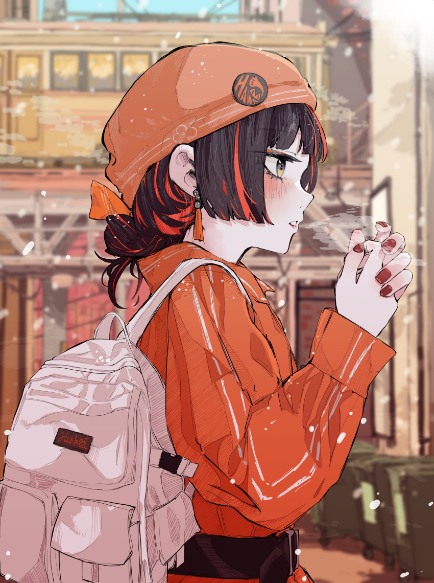 Safebooru - 1girl absurdres backpack bag belt black hair blush choya hanabi commentary request ...