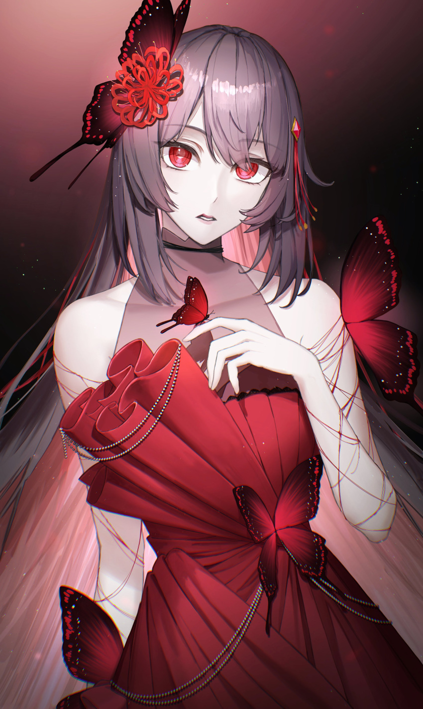 Safebooru - 1girl absurdres bare shoulders black hair bug butterfly butterfly hair ornament ...