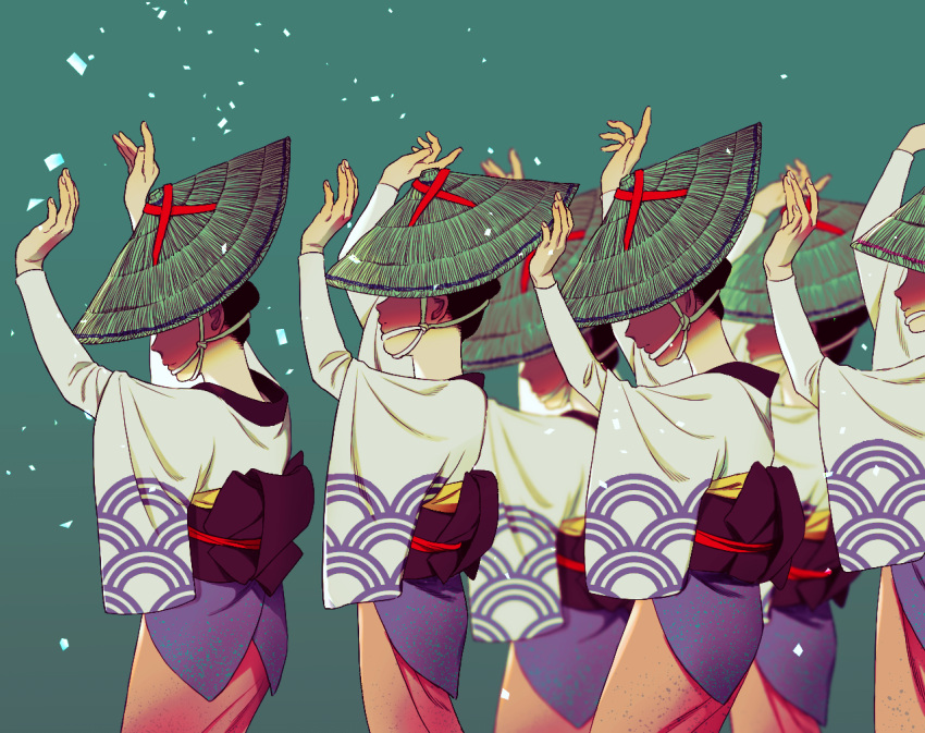 Safebooru - 6+girls aqua background arms up awa odori tokushima black ...