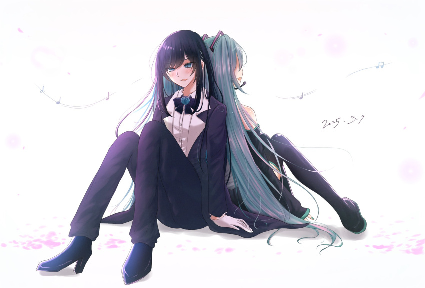 Safebooru - 2girls ado (utaite) aqua hair aqua nails back-to-back black coat black hair black ...