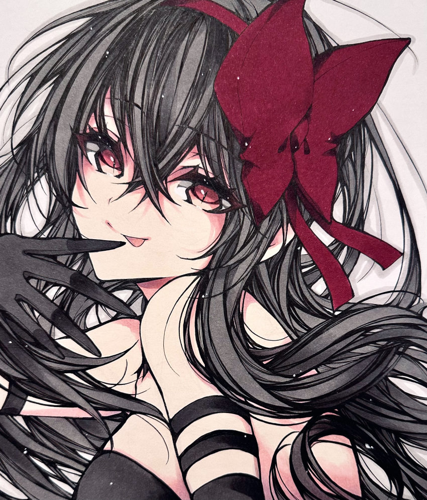 Safebooru - 1girl :p absurdres akemi homura akuma homura black gloves black hair bow facing ...