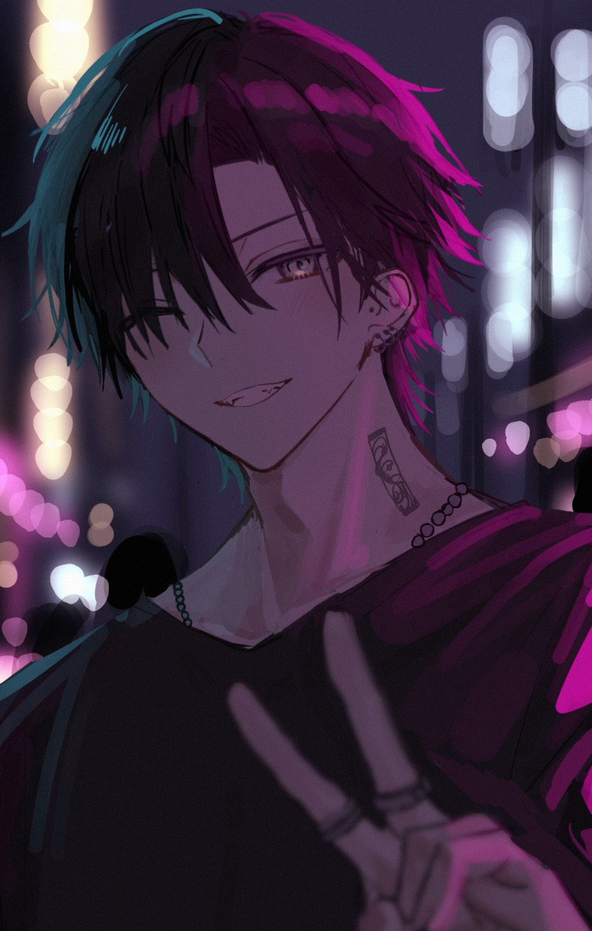 Safebooru - 1boy black hair black shirt blurry blurry background blush city city lights ...