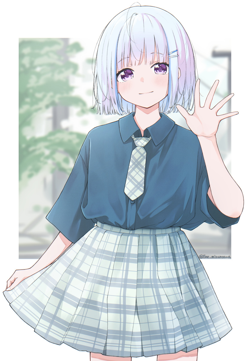 Safebooru - 1girl absurdres blue hair blue shirt checkered clothes checkered necktie checkered ...