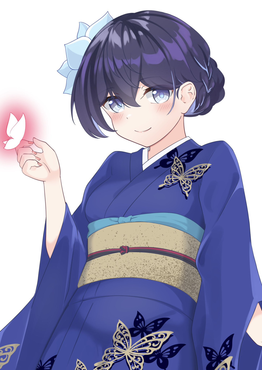 Safebooru - 1girl animal black hair blue flower blue hair blue kimono blush braid breasts bug ...