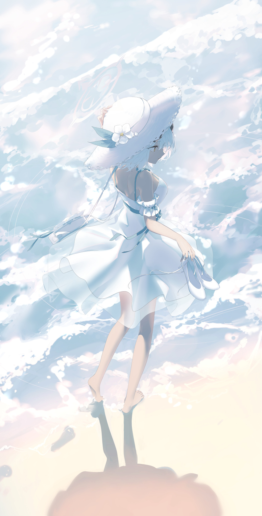 Safebooru - 1girl absurdres bare shoulders barefoot beach blue archive dress flower from above ...