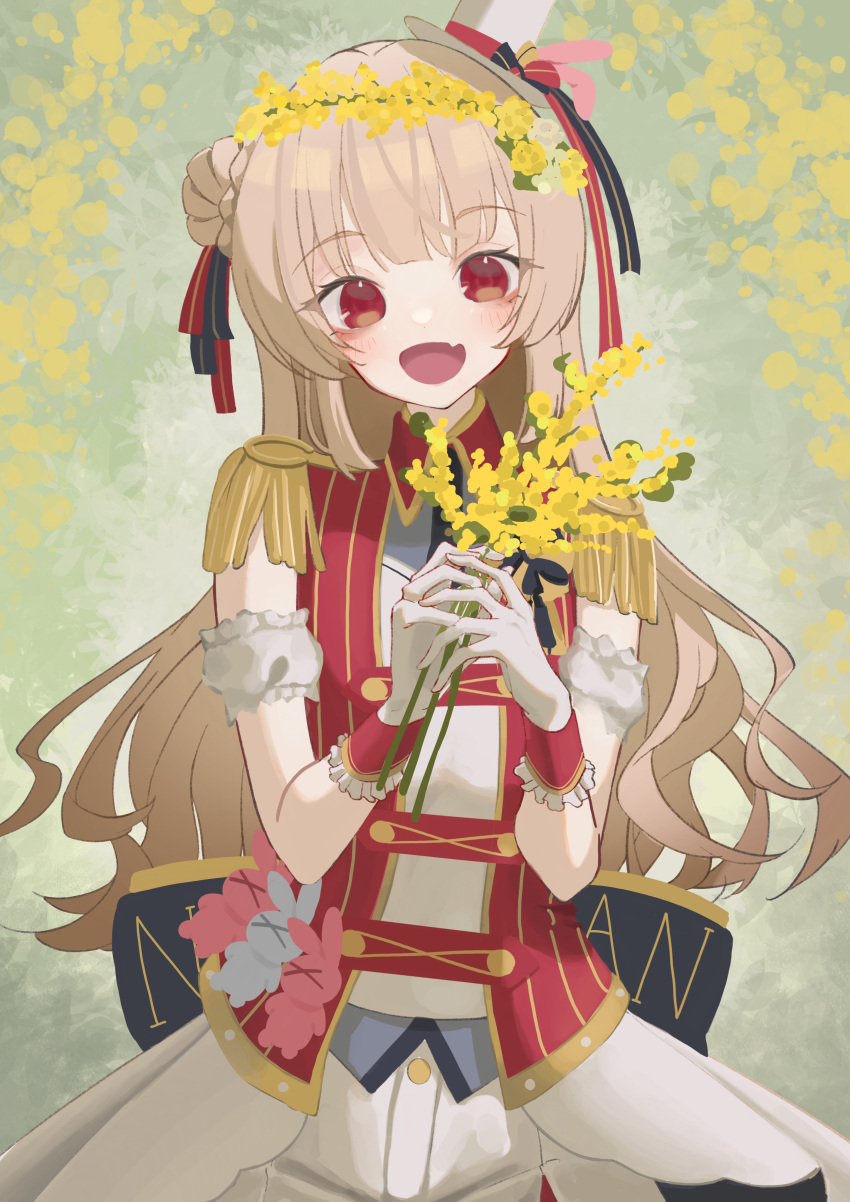 Safebooru - 1girl :d absurdres blonde hair blunt bangs bouquet ...