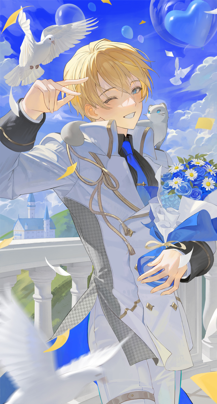 Safebooru - 1boy absurdres aheuretokki arm up bird blonde hair blue eyes blue flower blue ...