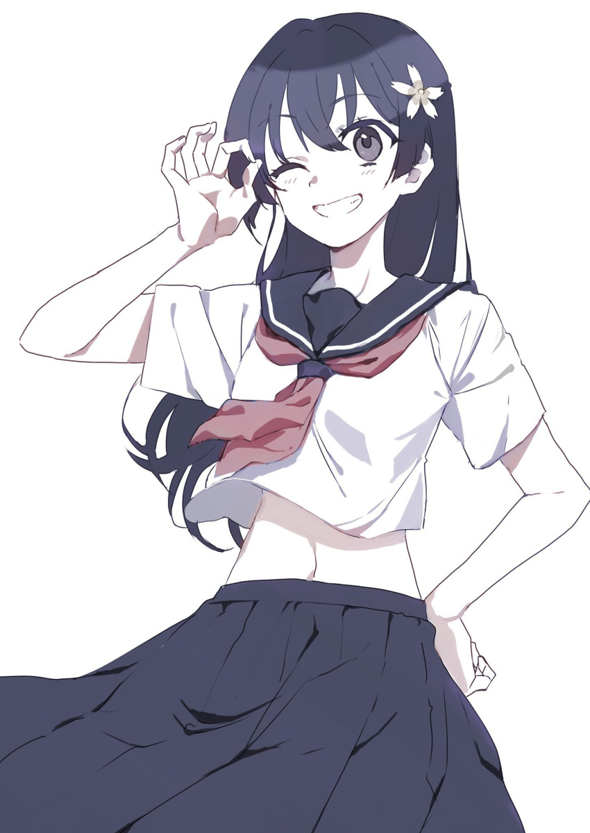 Safebooru - 1girl ;) black hair black sailor collar black skirt blue eyes flower grin hair ...