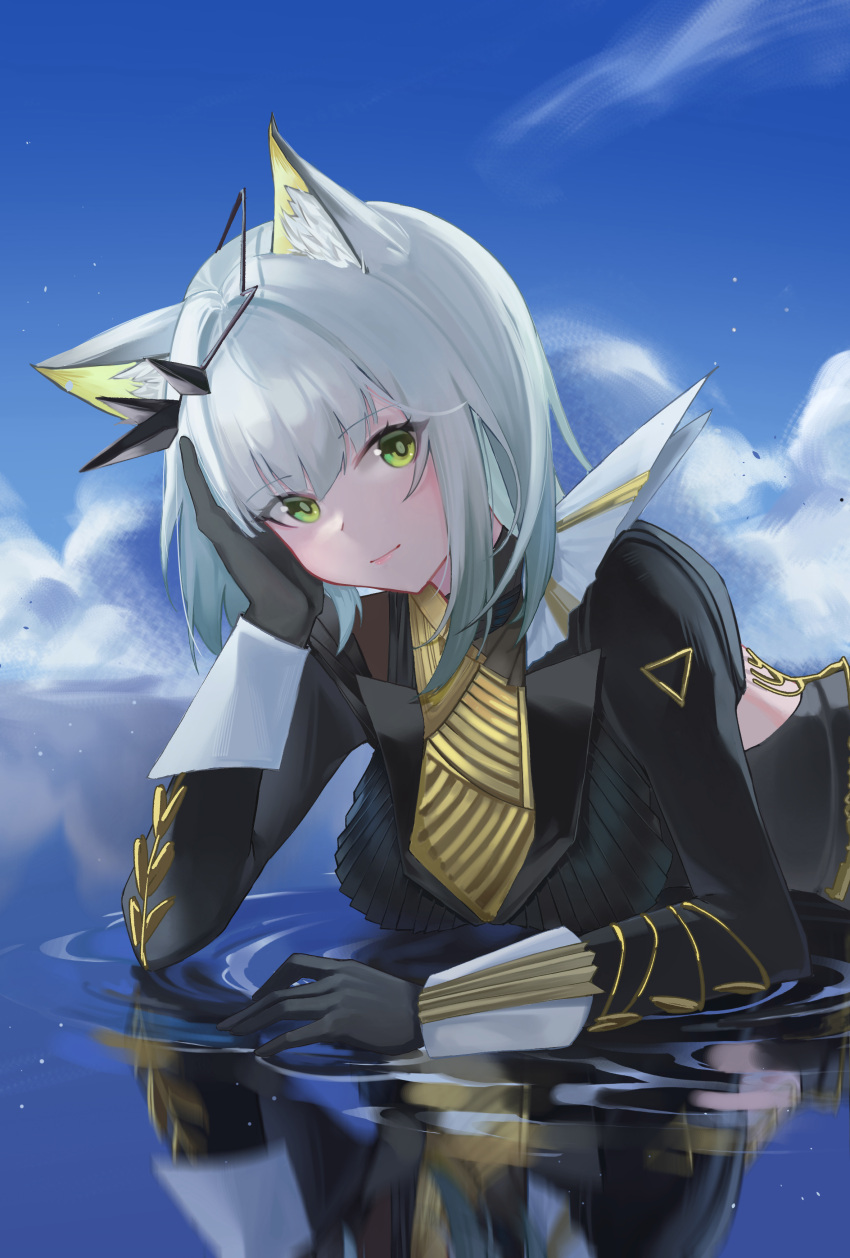 Safebooru - 1girl absurdres ambience synesthesia animal ears arknights black gloves black shirt ...