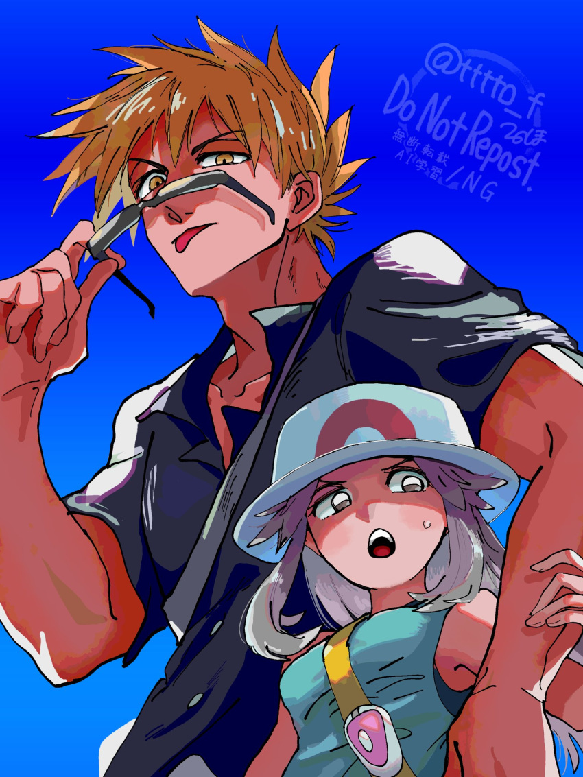 Safebooru - 1boy 1girl bare shoulders black shirt blue background blue oak blue shirt breasts ...