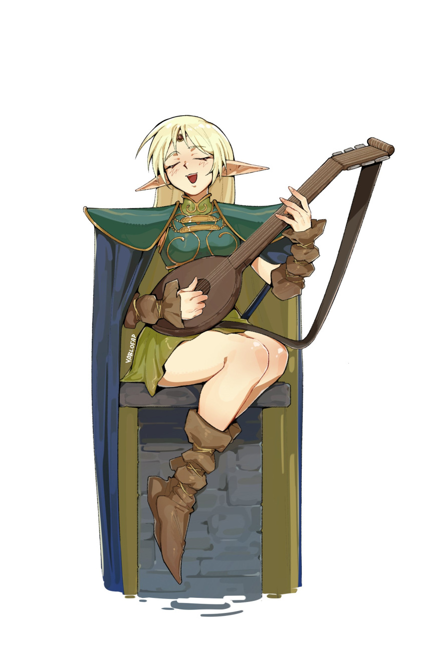 Safebooru - 1girl absurdres alohapz armor artist name banjo blonde hair boots brown boots cape ...