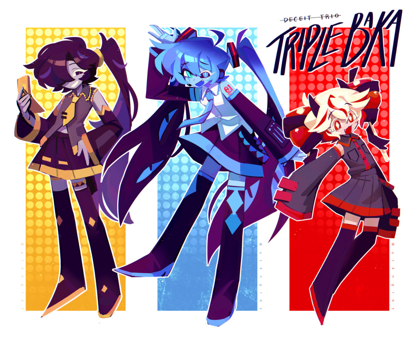 Safebooru - 1girl 2boys :3 :d ahoge akita neru akita neru (cosplay) aqua eyes arm at side arm up ...