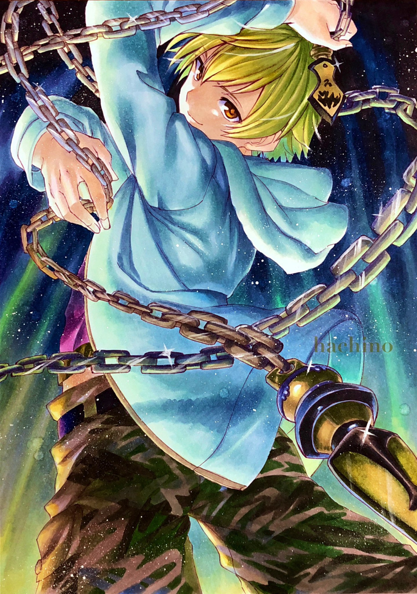 Safebooru - 1boy artist name blonde hair brown eyes brown shorts chain ...