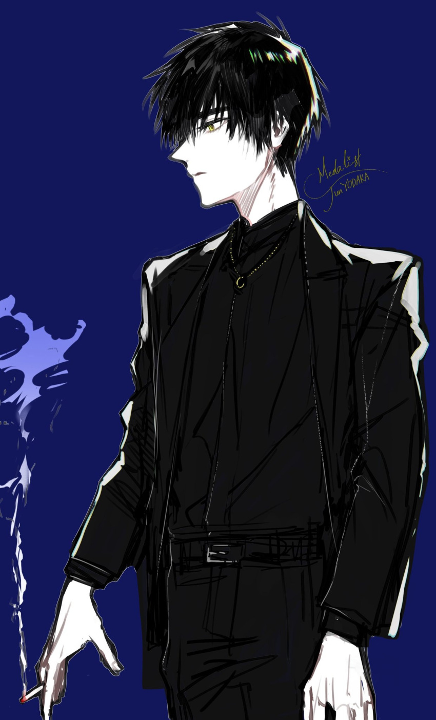 Safebooru - 1boy black coat black hair black shirt coat greyscale hair between eyes highres male ...