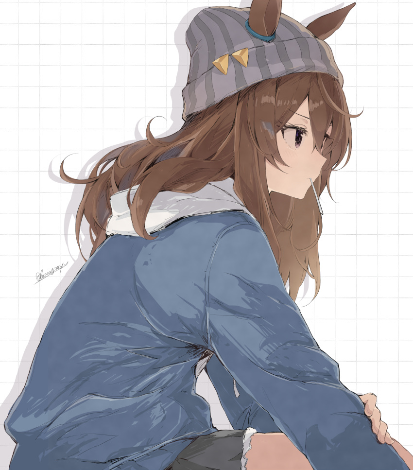 Safebooru - 1girl animal ears beanie blue jacket brown eyes closed mouth ears through headwear ...