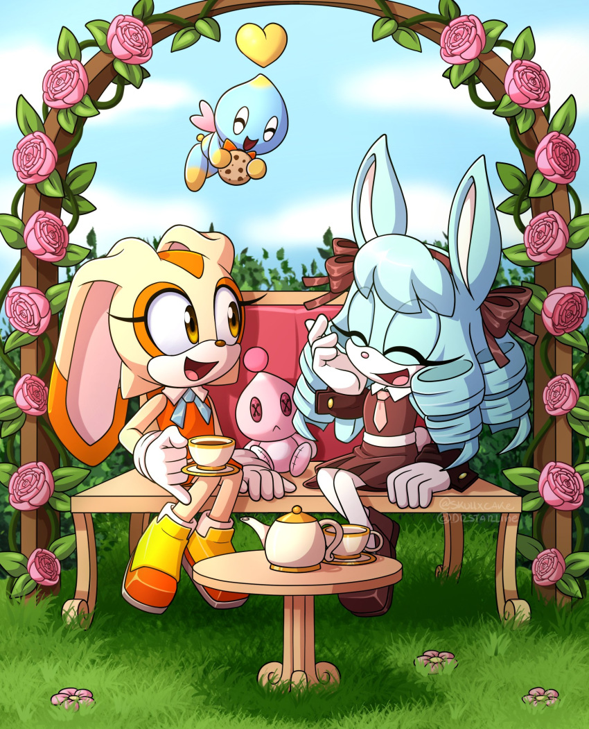 Safebooru - 2girls animal ears anya the rabbit blue fur blue hair blue sky brown dress brown ...