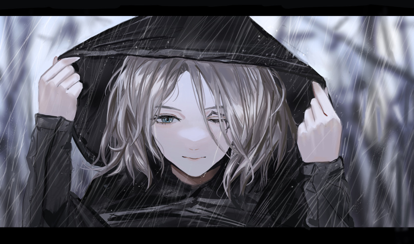Safebooru - 1girl absurdres black border black cloak blonde hair blue eyes blurry blurry ...