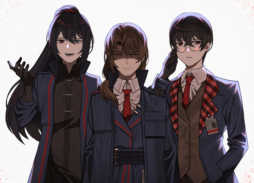 Safebooru - 3boys asdf1211950 beard stubble belt black eyes black gloves black hair blue coat ...