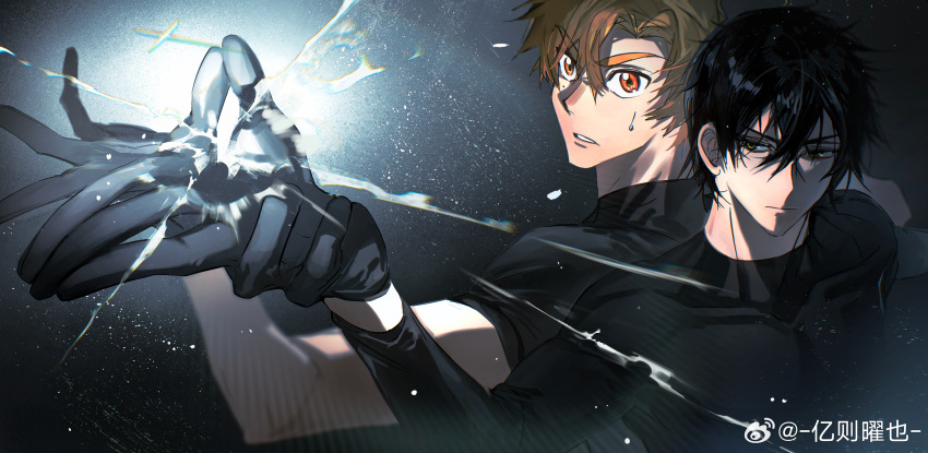 Safebooru - 2boys absurdres akeuraji tsukasa back-to-back black gloves black hair blonde hair ...