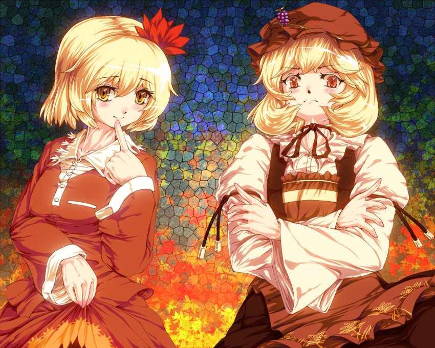 Safebooru - aki minoriko aki shizuha hands homeless mk ii multiple girls siblings sisters touhou ...