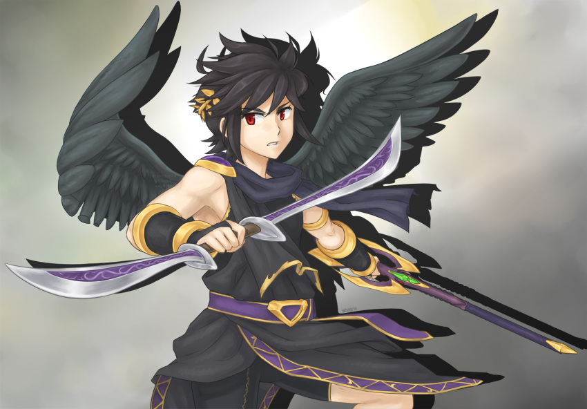 Safebooru - 1boy ahoge angel angel wings azuru (cyandine) bike shorts black hair bow (weapon ...