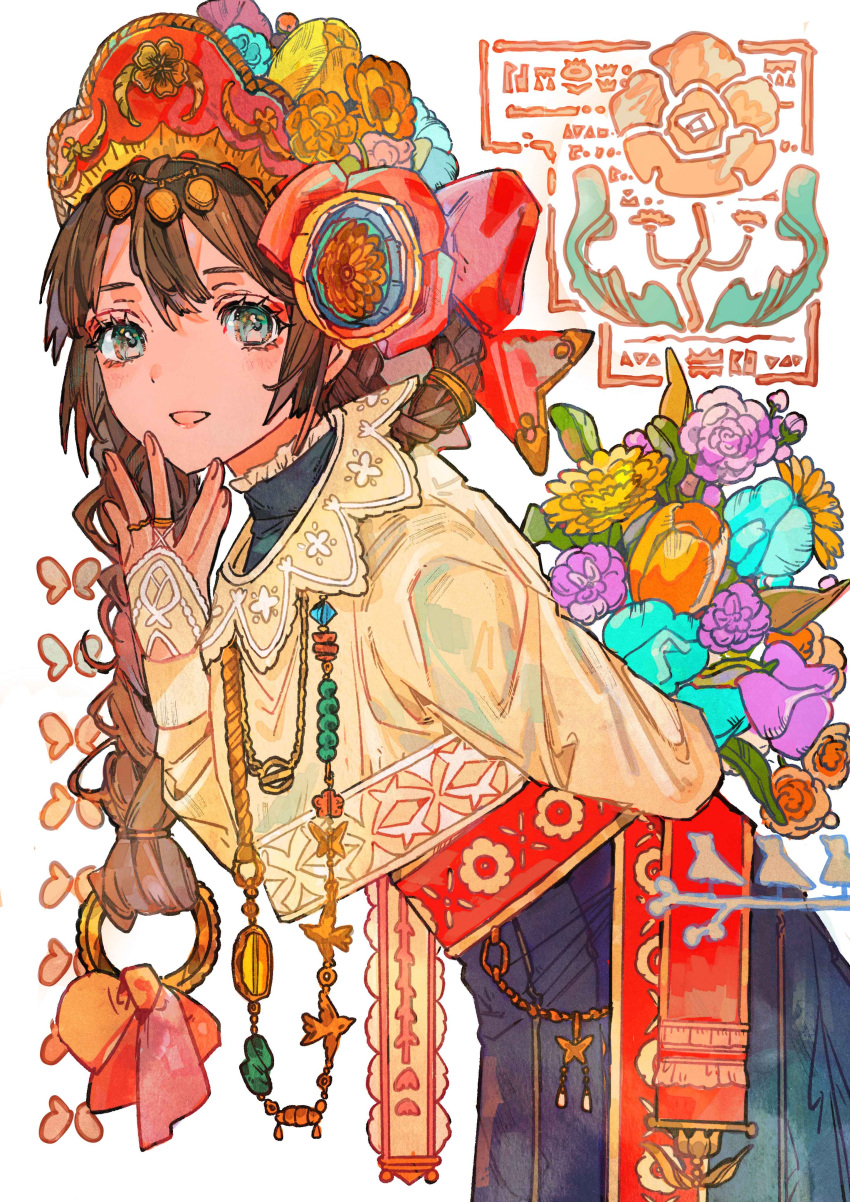 Safebooru - 1girl :d absurdres arm behind back blue eyes blue flower blue skirt braid brown hair ...