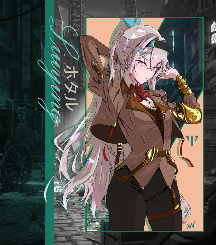 Safebooru - 1girl absurdres alternate costume arm behind head black headband black pants bow ...