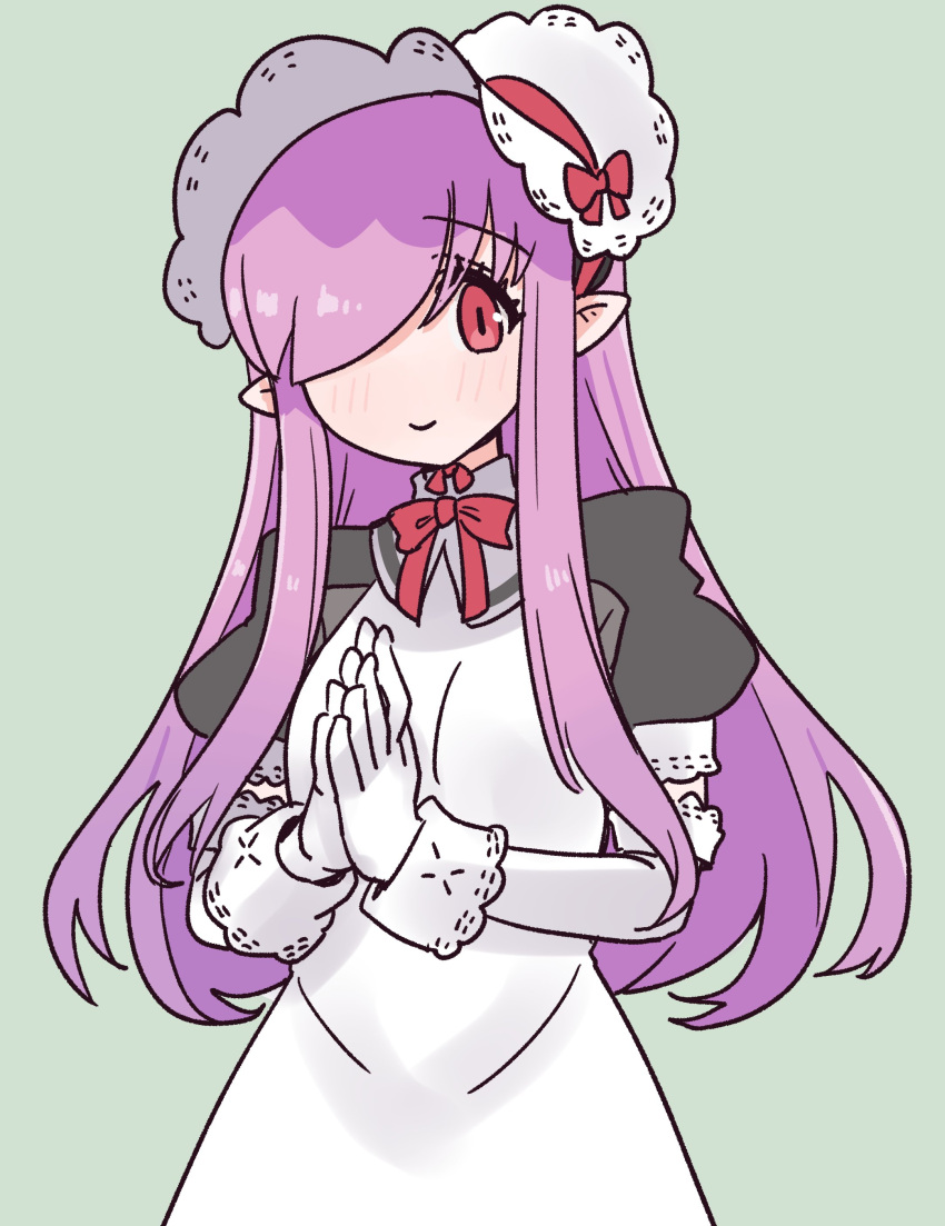 Safebooru - 1girl absurdres blush bow bowtie closed mouth dress green background hair over one ...