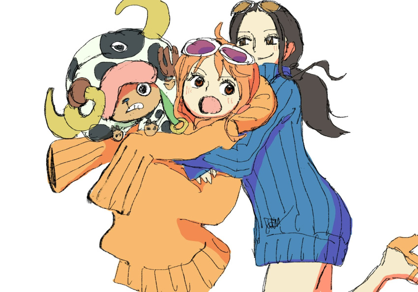 Safebooru - 1boy 2girls black hair dress eyewear on head highres hug ...