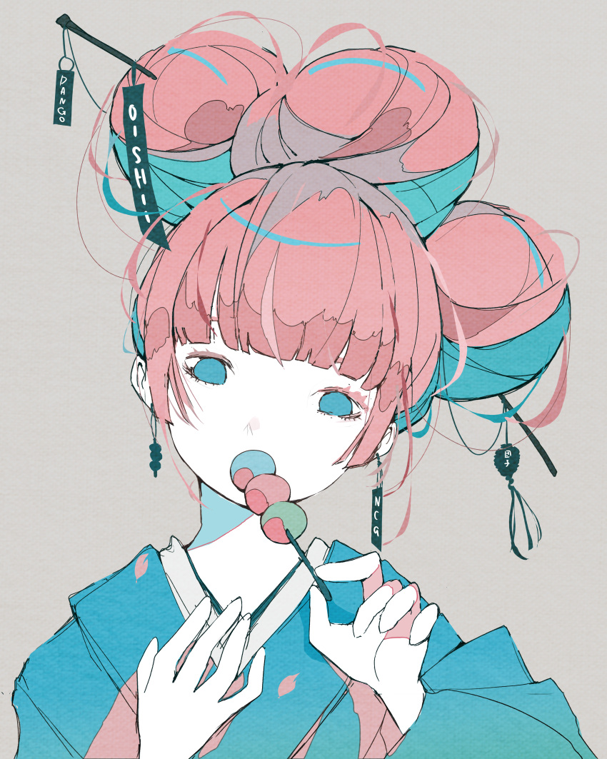 Safebooru - 1girl absurdres blue eyes blue kimono dango earrings eating food grey background ...