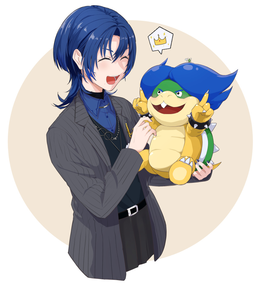 Safebooru - 1boy 1girl absurdres belt black belt black pants black sweater blue hair blue shirt ...