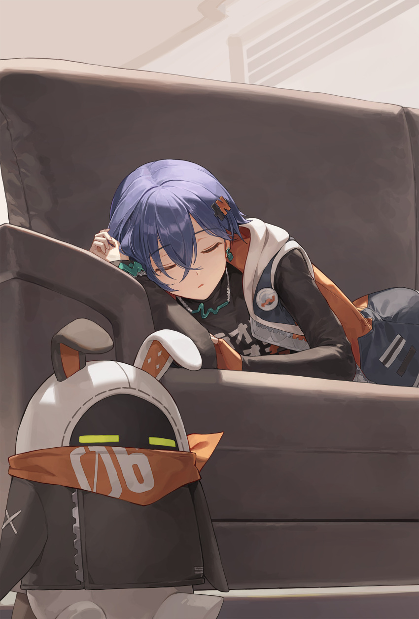 Safebooru - 1girl bangboo (zenless zone zero) belle (zenless zone zero) black shirt blue hair ...