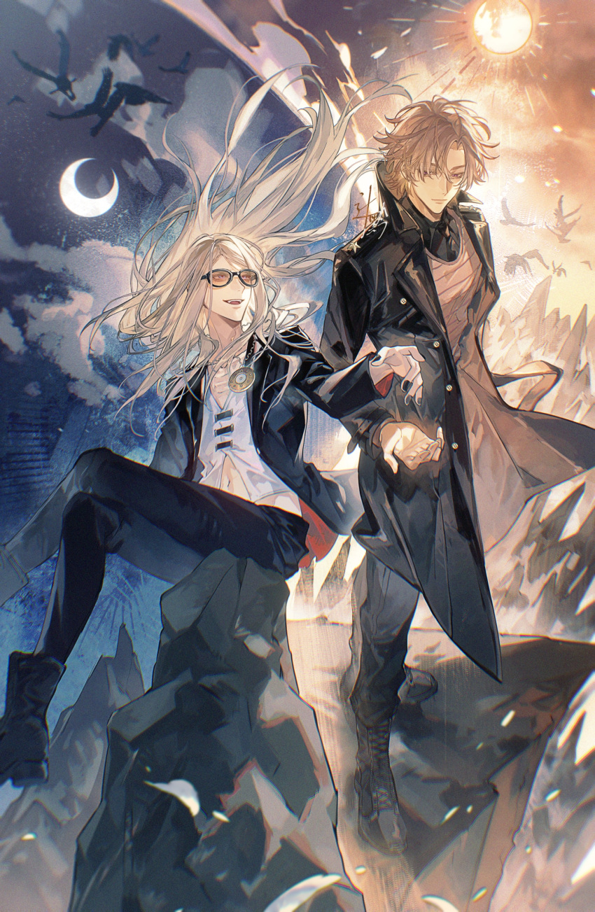 Safebooru - 2boys black coat black jacket black nails blonde hair boots coat crescent moon ...