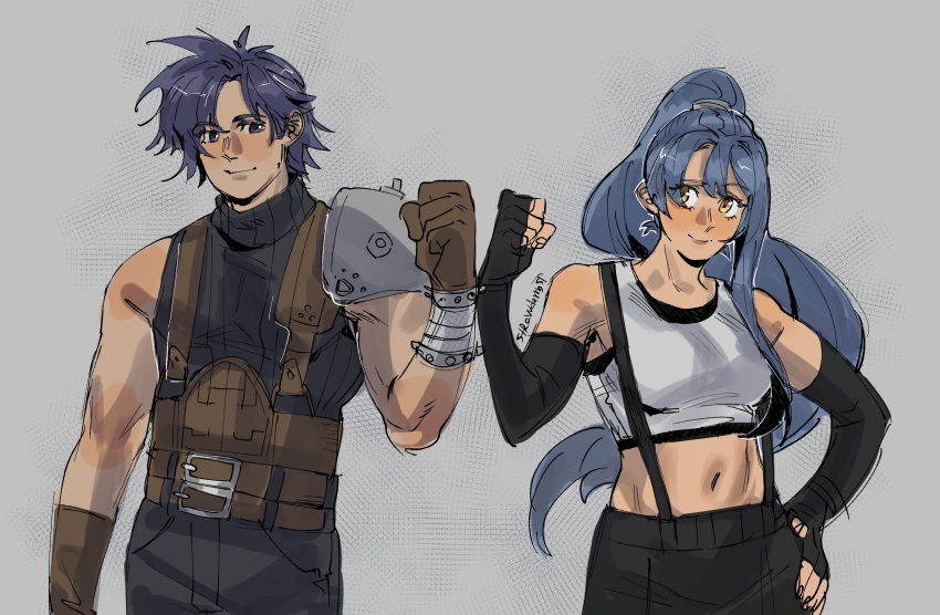 Safebooru - 1boy 1girl absurdres armor artist name black hair blue hair ...