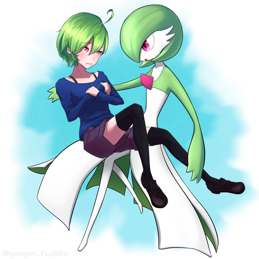 Safebooru - 1girl ahoge artist name black shoes black thighhighs blue shirt blush bob cut ...