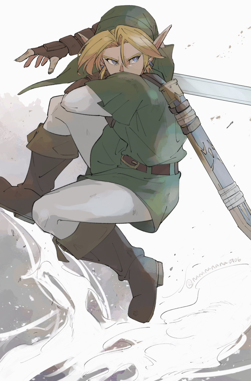 Safebooru - 1boy belt blonde hair blue eyes boots brown boots curtained hair earrings gauntlets ...