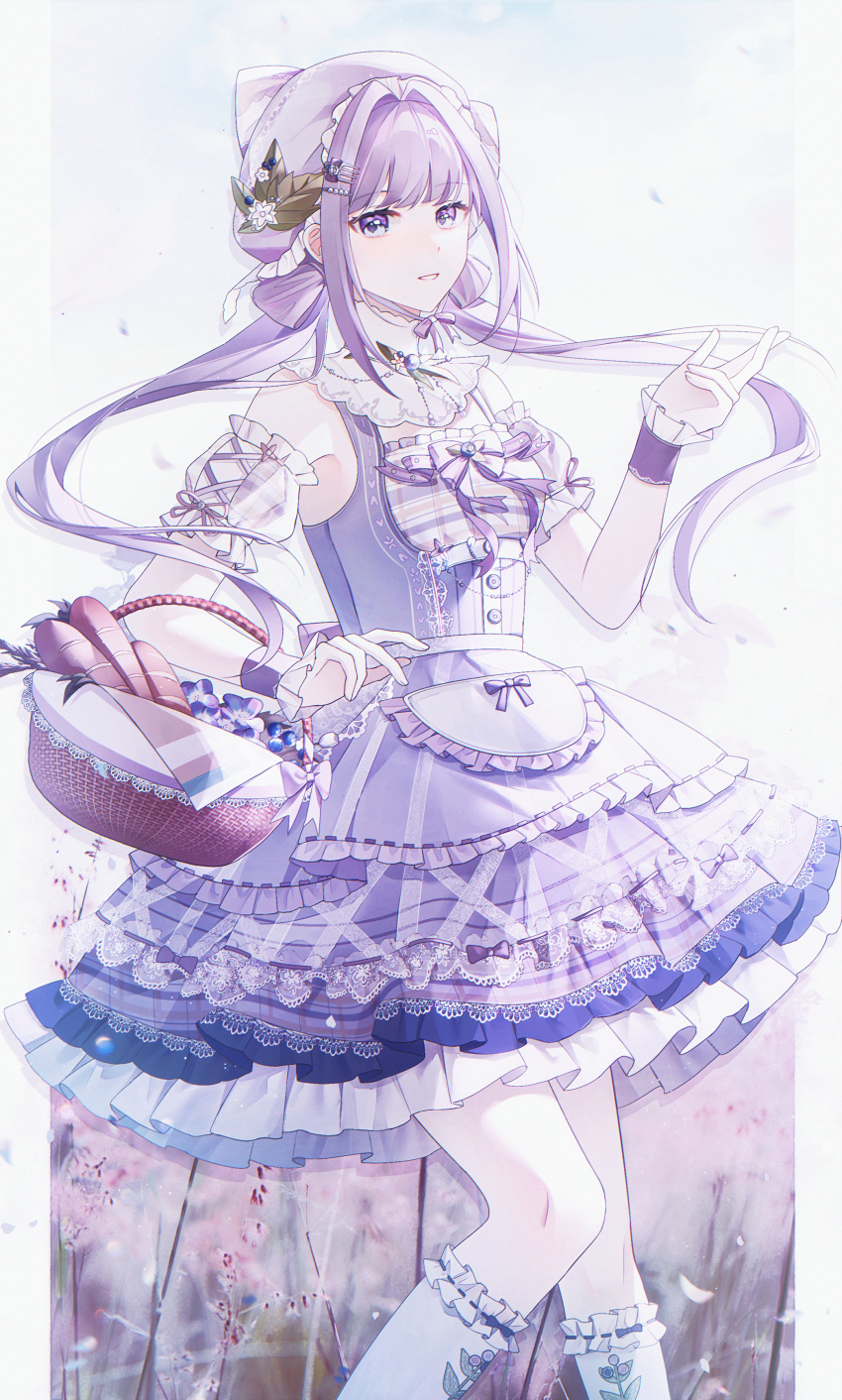 Safebooru - 1girl :o absurdres baguette bare shoulders basket blue sky blunt bangs bow bowtie ...