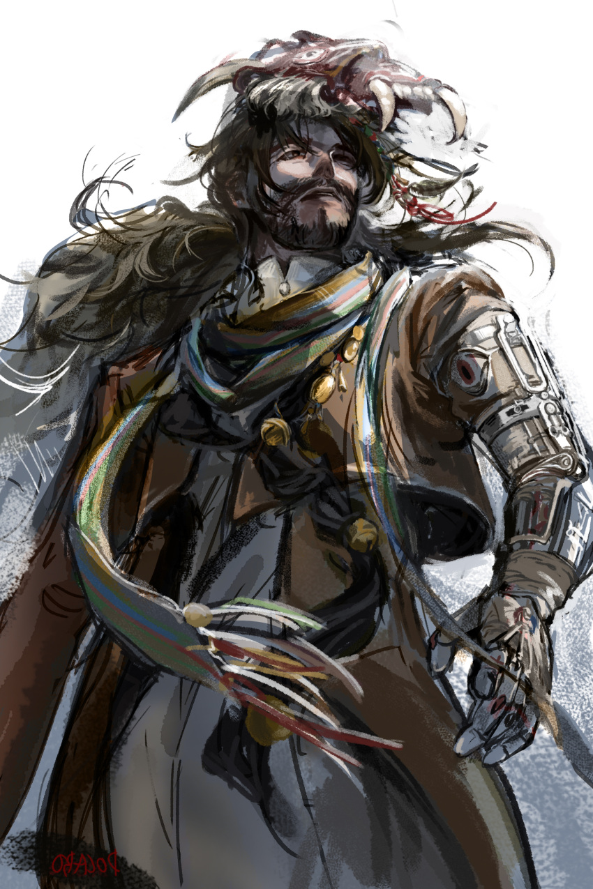 Safebooru - 1boy absurdres beard bell brown coat brown eyes brown hair coat cowboy shot docabo11 ...