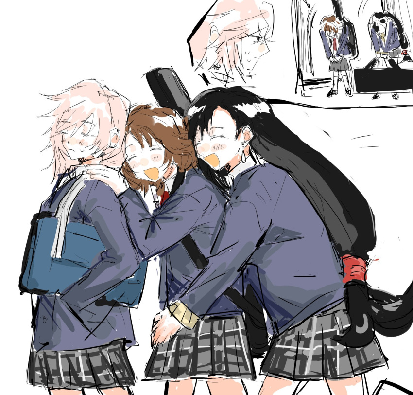 Safebooru - 3girls alternate universe bag black hair brown hair ...