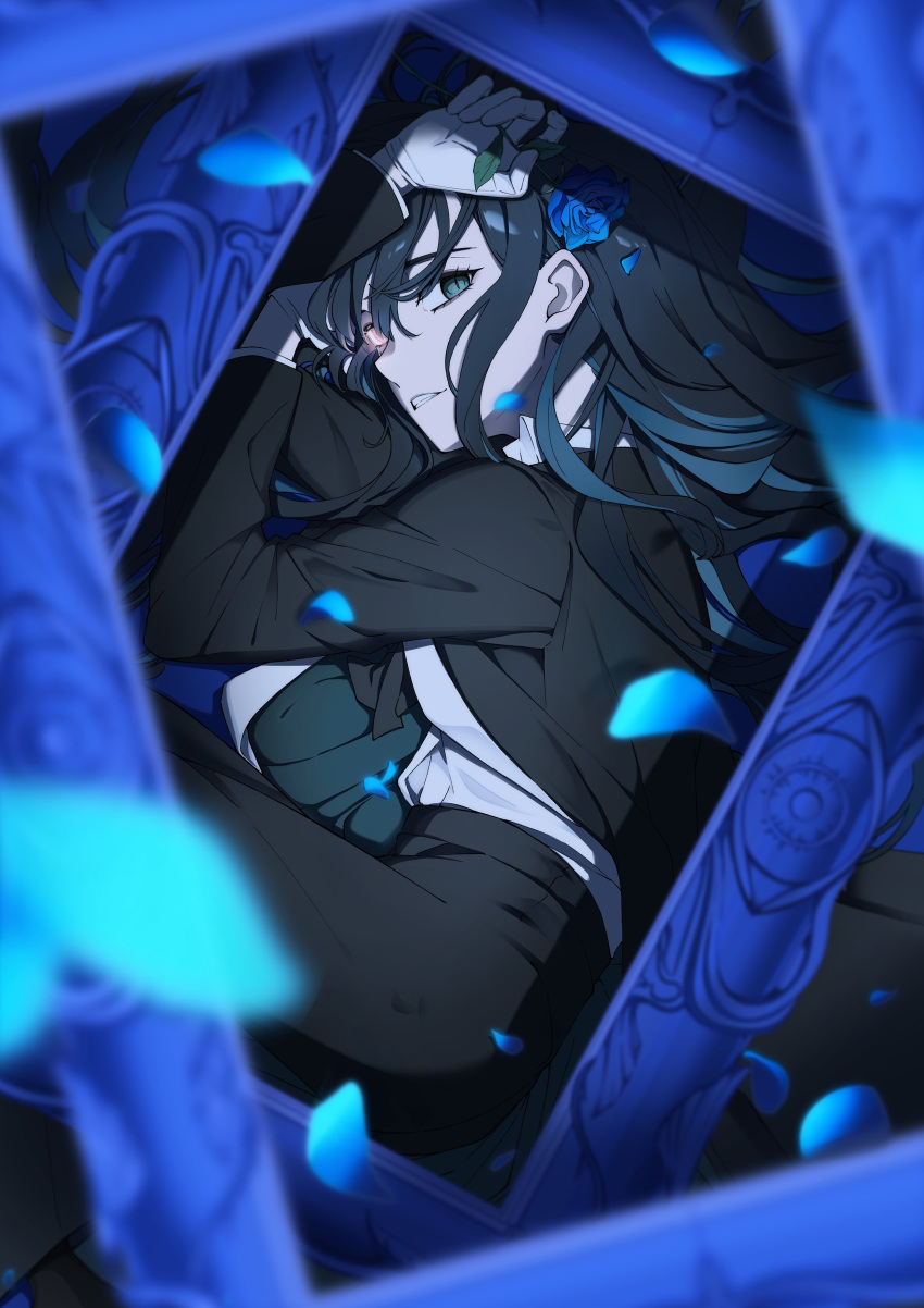 Safebooru - 1girl absurdres ado (utaite) black coat black hair blue eyes blue flower blue rose ...