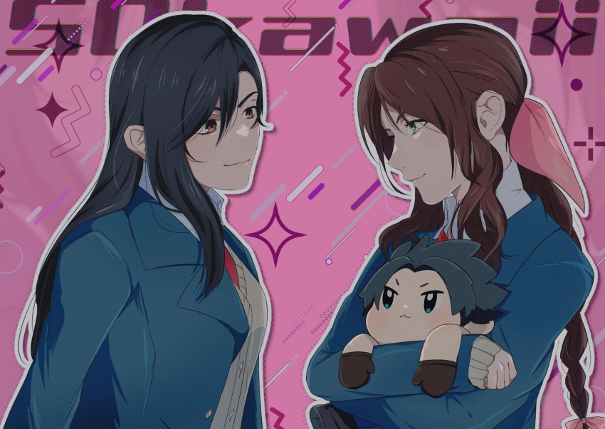 Safebooru - 1boy 2girls 3mu ff :3 aerith gainsborough black hair blue eyes blue jacket braid ...