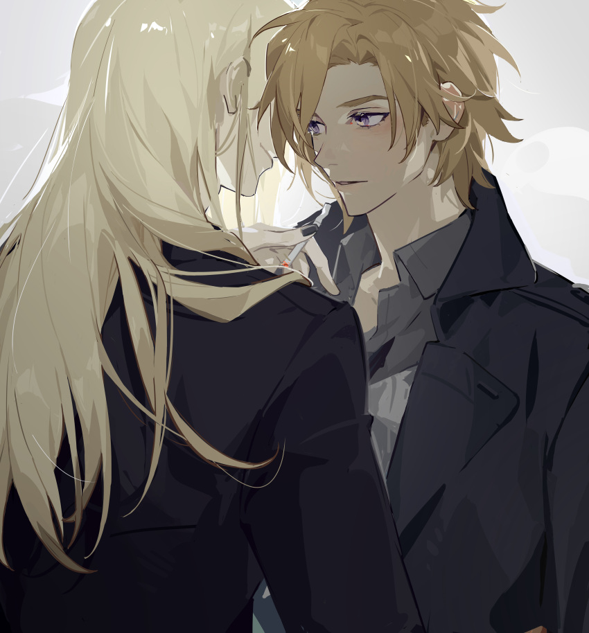 Safebooru - 2boys absurdres aldaduzuoaoda back black nails blonde hair cigarette coat collared ...