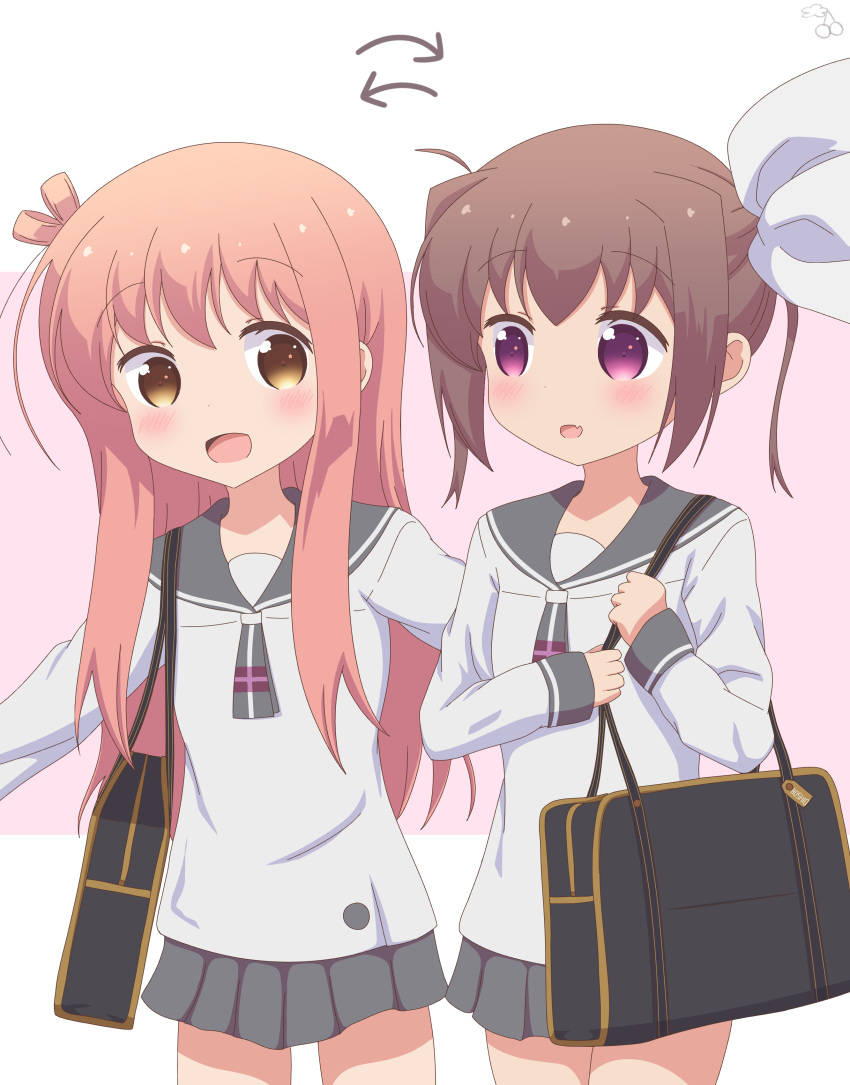 Safebooru - 2girls :d absurdres alternate costume alternate hairstyle arrow (symbol) bag bow ...