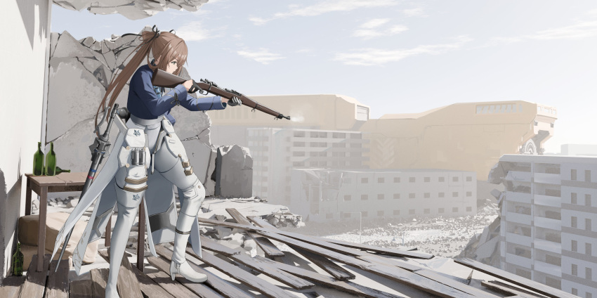 Safebooru - absurdres bolt action brown hair building closed mouth ...